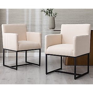 VESCASA Linen Upholstered Dining Chairs with Arms Set of 2, Mid Century Modern Padded Kitchen Chairs with Black Metal Frame for Restaurant, Dining Room, Cream