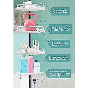 XLHOMO 36 to 122 Inch Corner Shower Caddy Tension Pole, Rustproof Drill-Free Shower Shelves for Bathroom, Shower Organizer with 4 Tier Adjustable Shelves Towel Bars