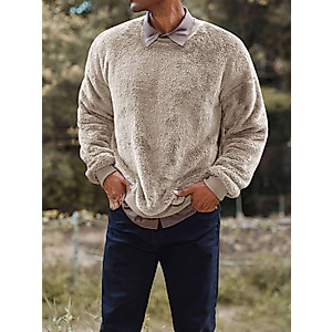 Runcati Mens Fuzzy Sherpa Sweatshirt Long Sleeve Fluffy Crew Neck Pullover Cozy Basic Unisex Fall Winter Warm Tops