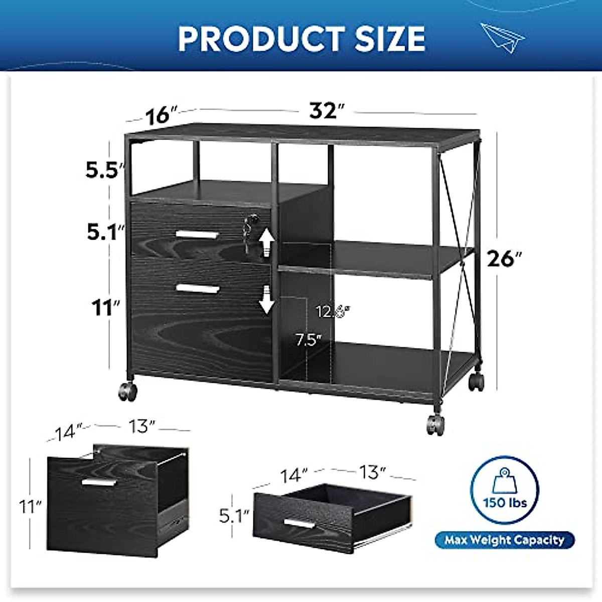 DEVAISE 2 Drawer Lateral File Cabinet with Lock, Mobile Printer Stand with Open Storage Shelf, Wood Filing Cabinet fits A4 or Letter Size for Home Office, Black