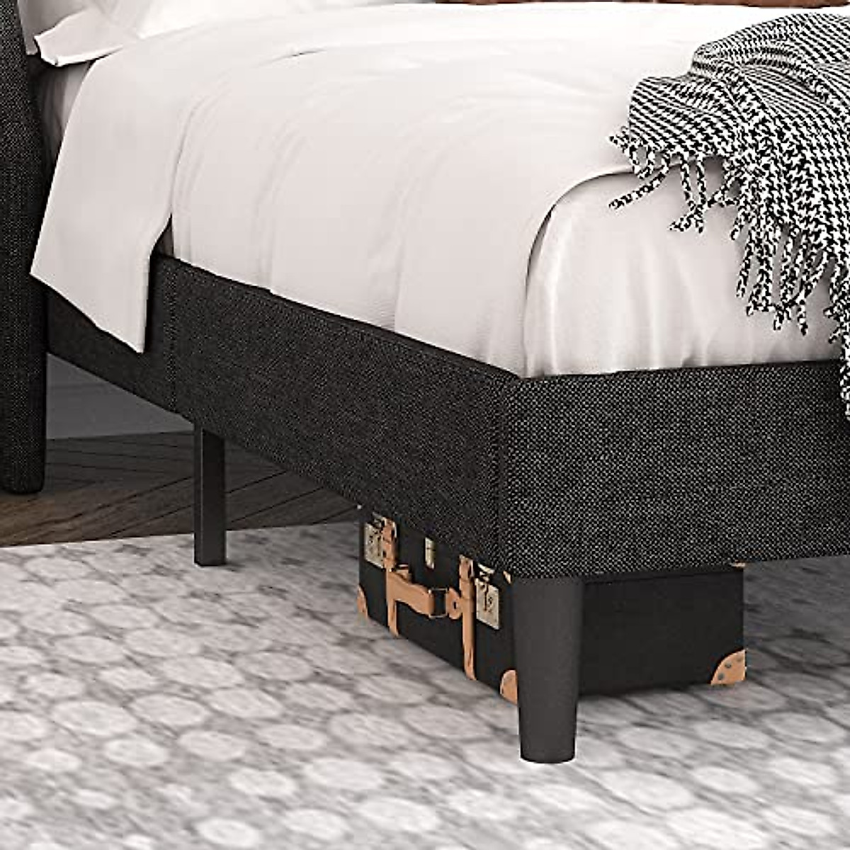 Einfach King Size Platform Bed Frame with Wingback Headboard/Fabric Upholstered Mattress Foundation with Wooden Slat Support, Dark Grey