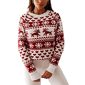 ZAFUL Women's Christmas Reindeer Xmas Snowflake Patterns Knitted Sweater Long Sleeve Elk Floral Printed Pullover White