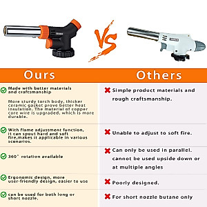 Butane Torch Kitchen Blow Lighter - Culinary Torches Chef Cooking Professional Adjustable Flame Shape Strength with Reverse Use for Creme, Brulee, BBQ, Baking, (Butane Fuel Not Included)