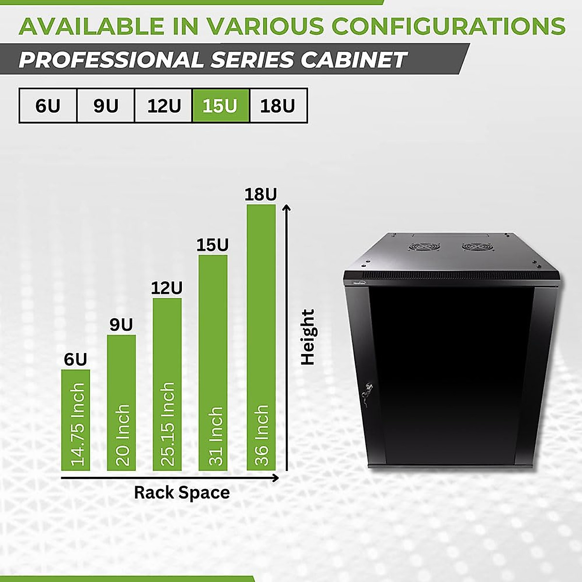NavePoint 15U Server Rack Enclosure - 23.6” Deep, 15U Wall Mount Network Cabinet with Locking Glass Door for 19” IT Equipment, 15U Network Rack with 2 Fans, Removable Side Panels, Black