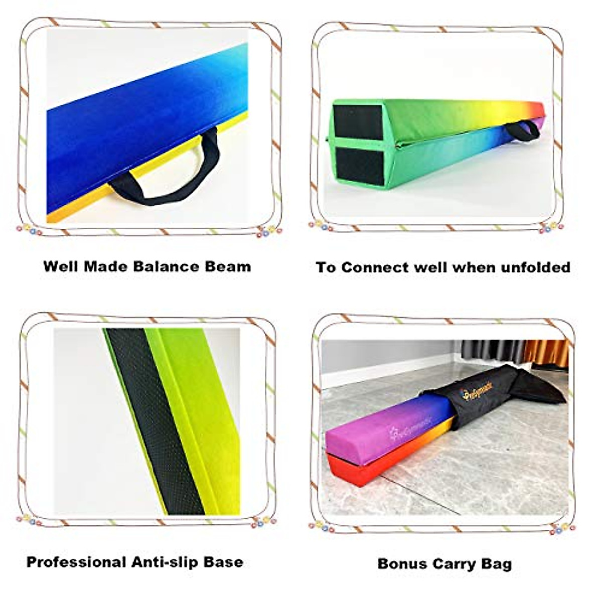 PreGymnastic Folding Balance Beam 8FT/9.5FT -Extra-Firm Suede Cover with Shinning Sticker and Carry Bag for Home/School/Club/Travel