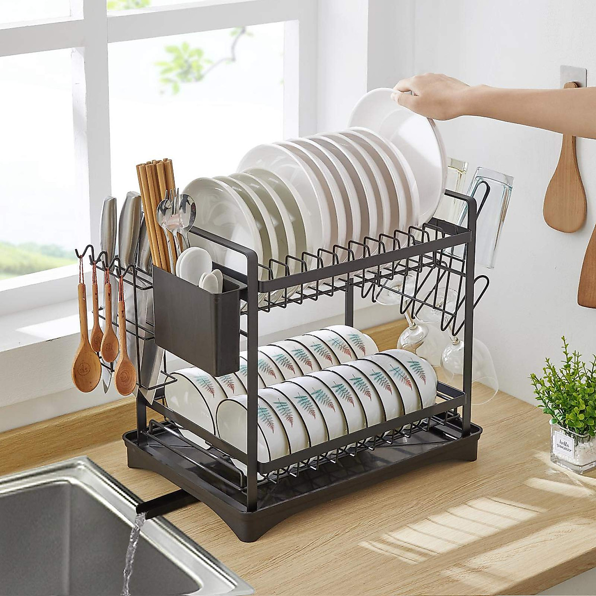 Flaovoth 2 Tier Dish Drying Rack, Dish Drainers for Kitchen Counter Dish Rack with Drying Drainboard, Adjustable Swivel Spout, Cutlery Caddy, Cup Hanging Holder, Spoon Rack and Knife Holder, Black