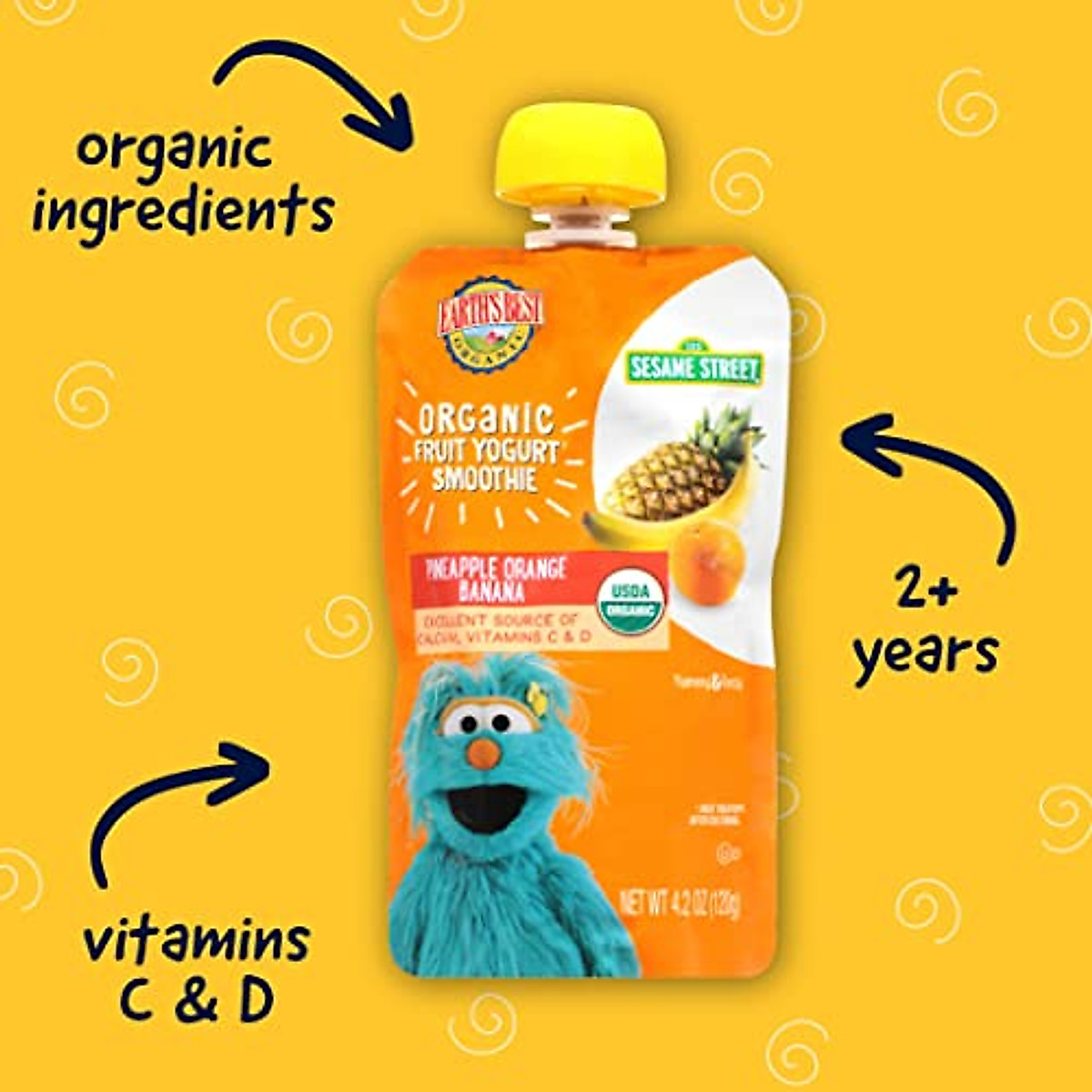 Earth's Best Organic Kids Snacks, Sesame Street Toddler Snacks, Organic Fruit Yogurt Smoothie for Toddlers 2 Years and Older, Pineapple Orange Banana, 4.2 oz Resealable Pouch (Pack of 12)