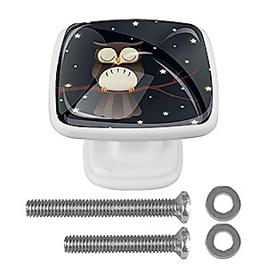 DEYY White Base with Sleepy Owl on Night Prints 30MM Square Drawer Knobs 4PCS Kitchen Cabinet Knob Handle Pulls for Cupboard Wardrobe Dresser Door Furniture Home Decor