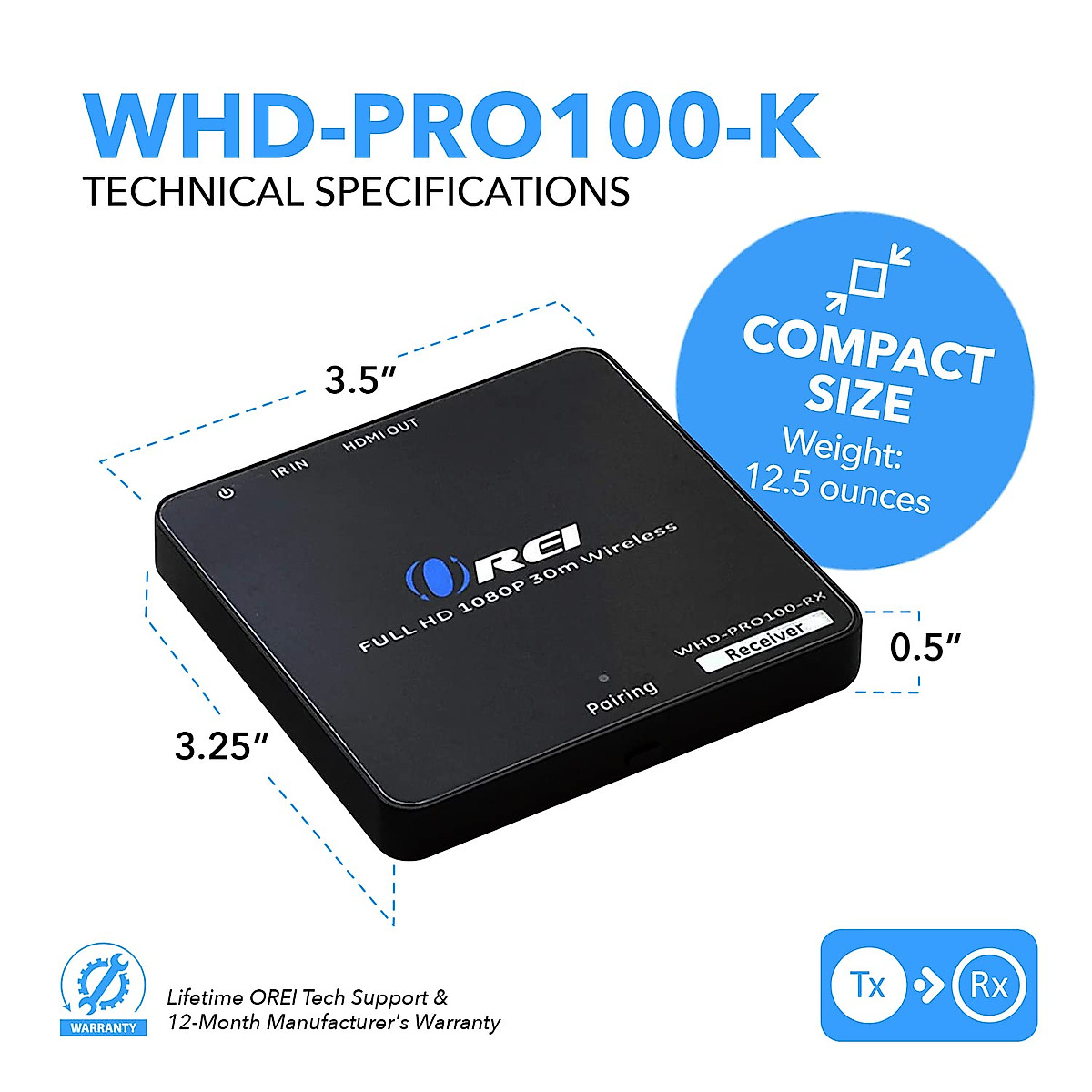 OREI Wireless HDMI Transmitter & Receiver - Extender Full HD 1080p Wirelessly Upto 100 Ft with Dongle - Perfect for Streaming, Laptops, PC, Media and More