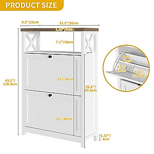 DWVO Shoe Cabinet Entryway, White Shoe Storage Cabinet with 2 Flip Drawers, Free Standing Hidden Narrow Shoe Rack Shoe Storage Organizer for Entryway/Hallway/Closet, White