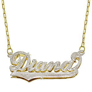 Pyramid Jewelry 14K Two Tone Gold Personalized Double Plate 3D Name Necklace - Style 3 (16 Inches, Oval Rolo Chain)