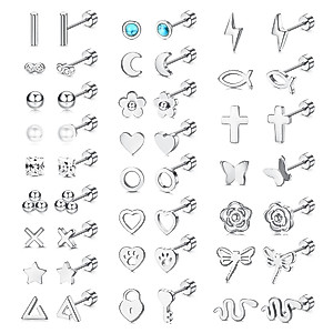 Sanfenly 24 Pairs Stainless Steel Stud Earrings Set for Women Men 20G Tiny Cartlidge Earrings Stud Geometric Star Triangle Moon Heart Snake Butterfly Ball CZ Turquoise Small