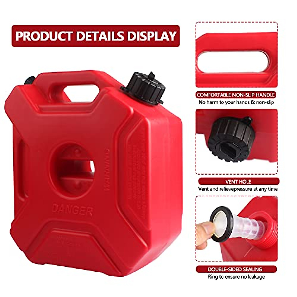 Togarhow 5L 1.3 Gallon Portable Fuel Tank Gas Fuel Container with Spout and Vent Suitable for Motorcycle Off-Road Vehicles SUV ATV, Red