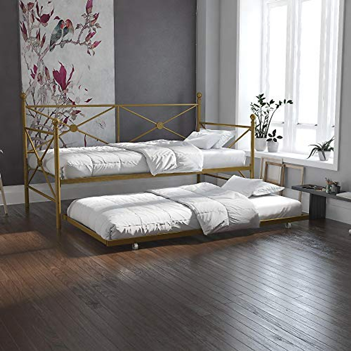 DHP Lina Metal Daybed with Trundle, Twin Size Sofa Bed Frame, Gold