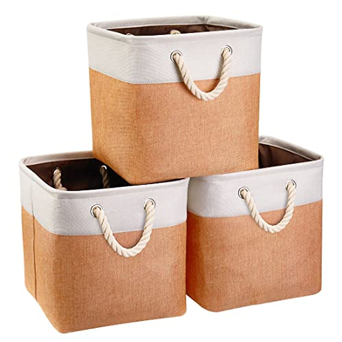 i BKGOO 3Pack Large Foldable Storage Bins，Collapsible Sturdy Cationic Fabric Organizing Storage Basket Cube with Cotton Handles for Home Office Shelf Clothes Toys Beige-Orange 13×13×13 inch