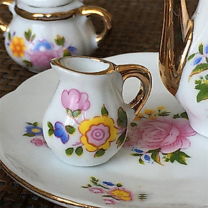 SXFSE Dollhouse Decoration Kitchen Accessories, 8pcs Dining Ware Porcelain Tea Cup Set Pink Dish Cup Plate with Golden Trim 1/6 Dollhouse Miniature