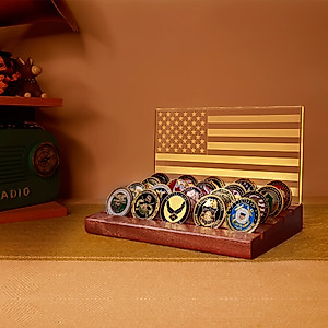 Lampeez Challenge Coin Display, Light up Coin Holder American Flag with Warm White Color Light, Military Coins Holder Case 4 Row Holder Wooden Stand Rack Gift for Military Army for Him Father