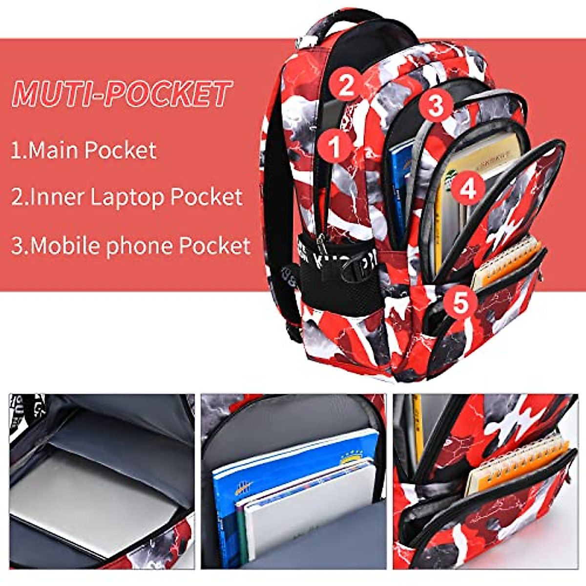 Yvechus School Backpack Casual Daypack Travel Outdoor Camouflage Backpack Christmas Presents for Boys and Girls (AY Camo Red)