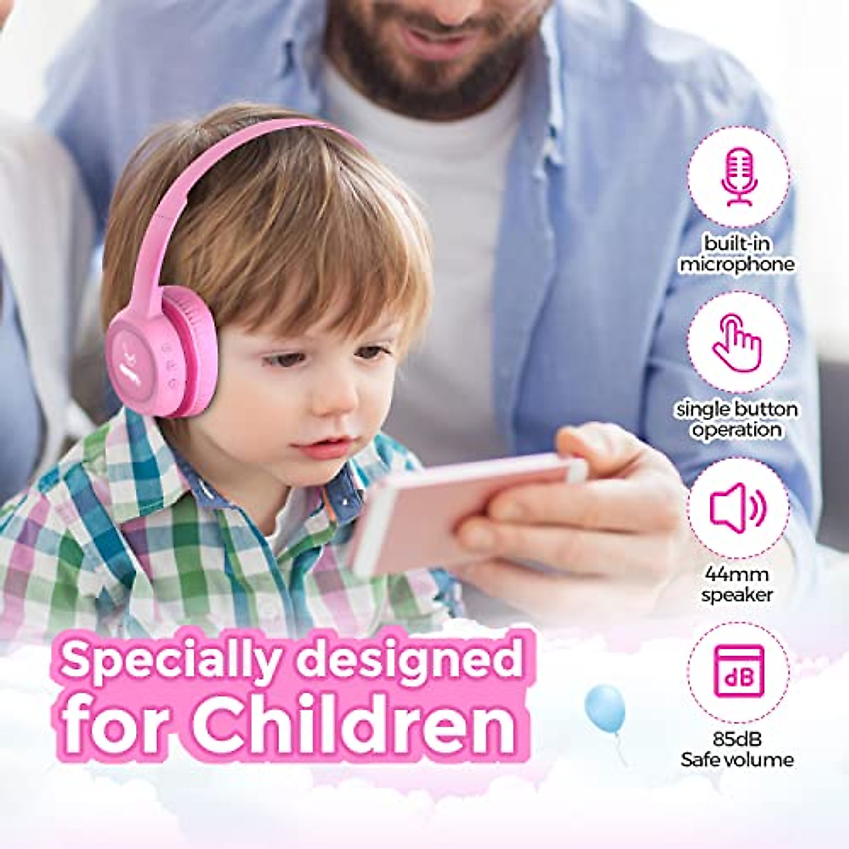 vinamass Kids Bluetooth Headphones, 22H Playtime, Bluetooth 5.0 & Built-in Mic, Noise Cancelling Headphones for Kids, Adjustable Headband, for School Home iPad Tablet Airplane