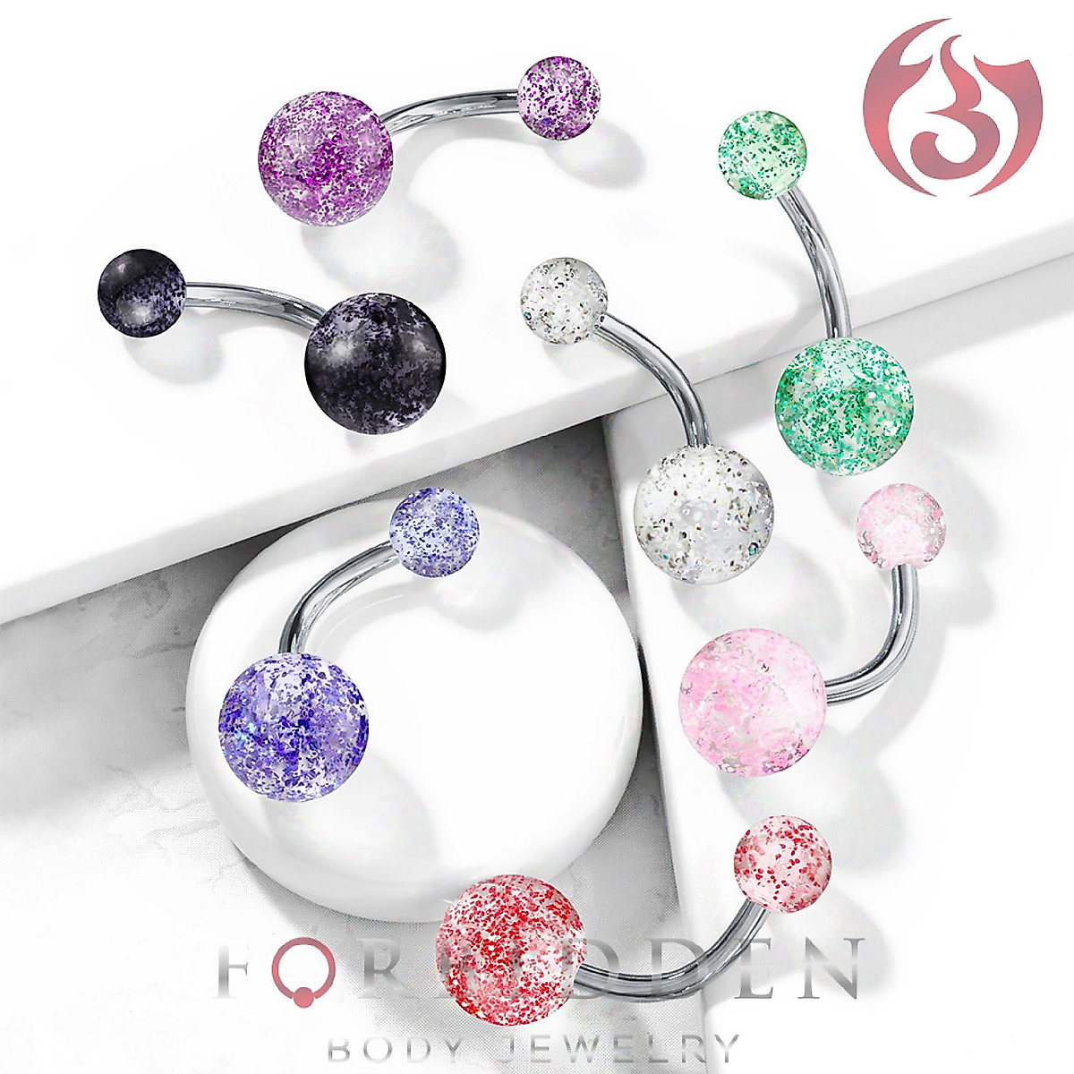 Forbidden Body Jewelry 14g Grade 23 Titanium Pink Ultra Glitter Acrylic Double Ball Belly Button Ring