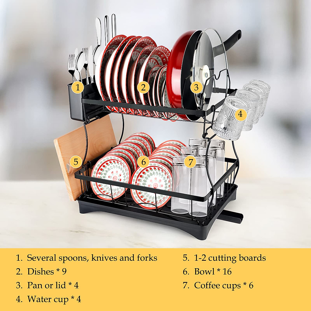 HMGDFUE Large Dish Drying Rack,18.5inch 2 Tier Dish Racks for Kitchen Counter,Detachable Large Capacity Dish Drainer Organizer with Utensil Holder Cutting Boards Holder Drain Board