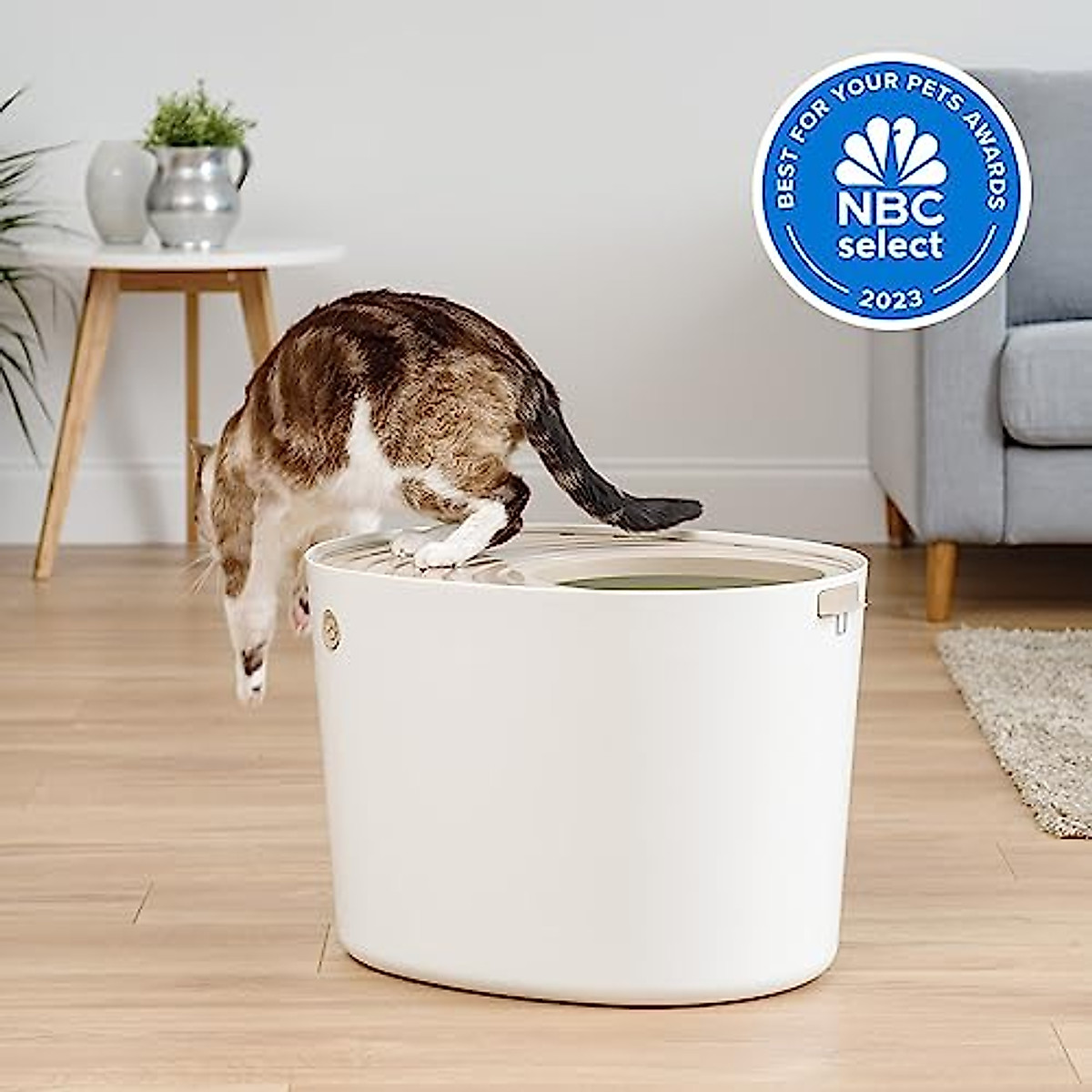 IRIS USA Large Stylish Round Top Entry Cat Litter Box with Scoop, Curved Kitty Litter Pan with Litter Particle Catching Grooved Cover and Privacy Walls, White/Beige