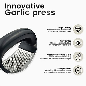 Cuisinly® - Garlic Press - Garlic Press Stainless Steel - Garlic Press Rocker - Garlic Chopper - Garlic Crusher - Garlic Mincer - With Free Silicone Garlic Peeler and Cleaning Brush