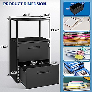 BYNSOE 2 Drawer Lateral File Cabinet with Shelving Metal Filing Cabinet with Lock Office Home File Cabinet for A4 Legal/Letter,Assembly Required (Black, 2 Drawers with Shelving)