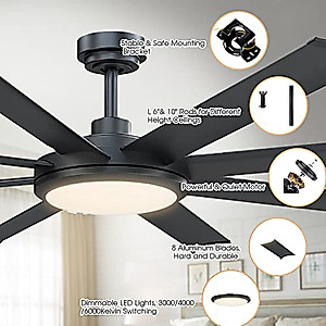 Parrot Uncle Ceiling Fans with Lights and Remote 60 Inch Black Ceiling Fan with Light LED Outdoor Ceiling Fans for Covered Patios, 6-Speed, Reversible DC Motor