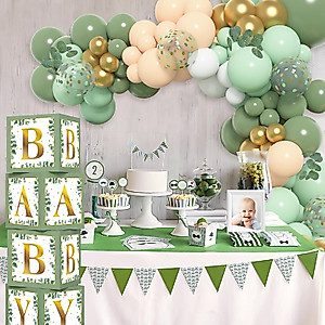 Amandir 143Pcs Baby Boxes Sage Green Baby Shower Decorations, Olive Green Balloon Garland Kit 4 Baby Blocks Gold Letter for Gender Neutral Boy Girl Safari Jungle Biythday Party Supplies