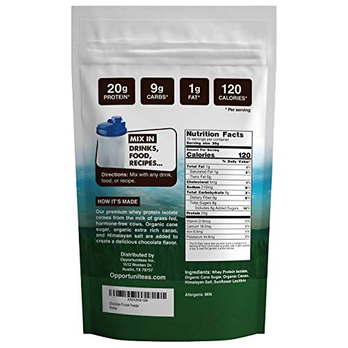 Chocolate Whey Protein Powder - Grass Fed Whey Isolate + Organic Cacao + Real Sugar + Himalayan Salt - Delicious Taste for Shakes, Smoothies, Cooking & Baking Recipes - Gluten Free & Non GMO - 1 Pound