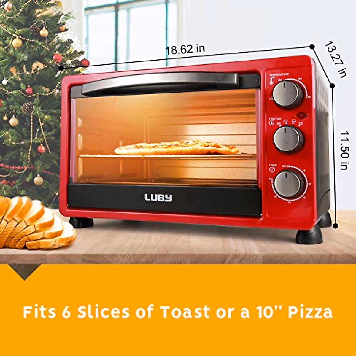 LUBY Convection Toaster Oven with Timer, Toast, Broil Settings, Includes Baking Pan, Rack and Crumb Tray, 6-Slice, Red