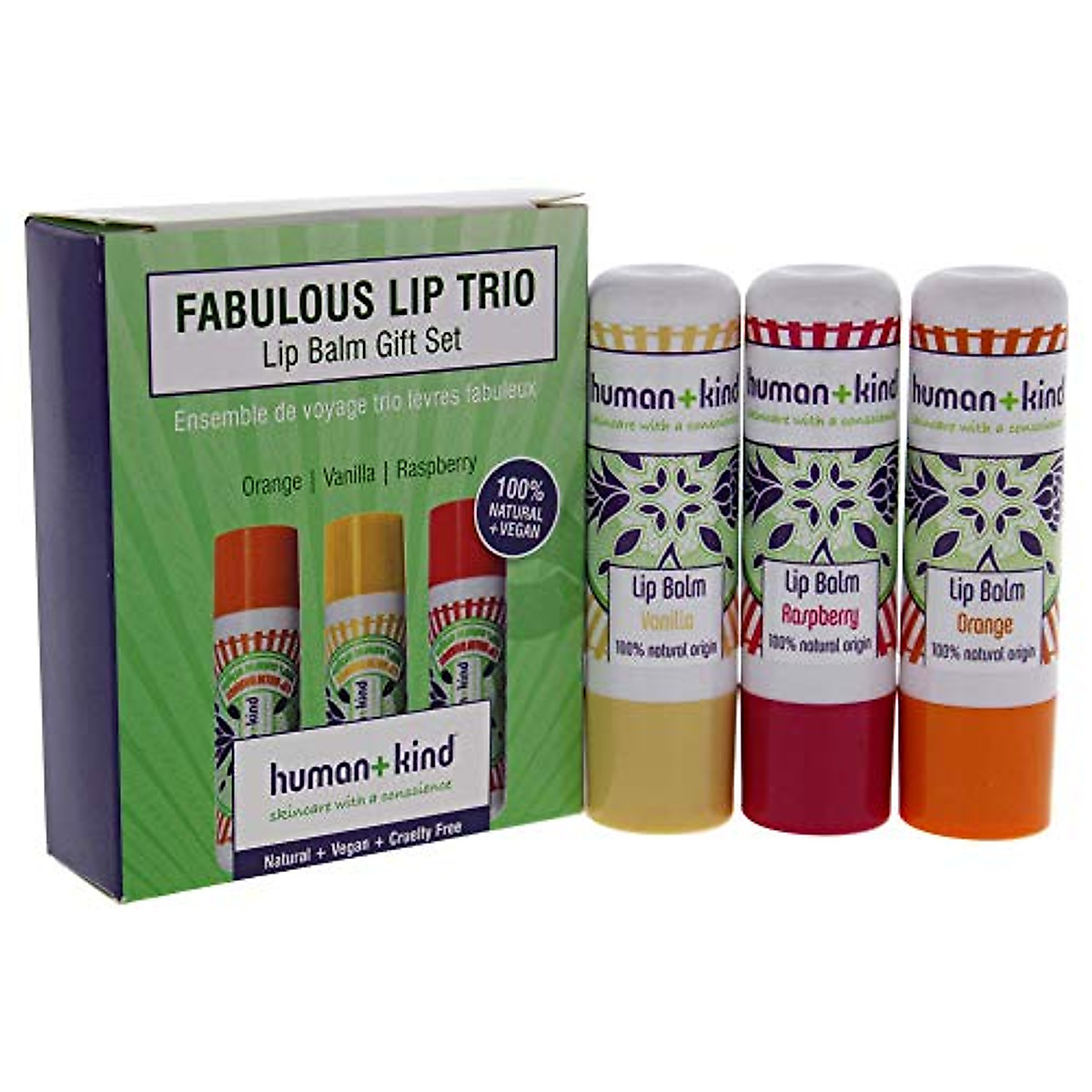 Human+Kind Fabulous Lip Trio - Raspberry, Orange, and Vanilla Natural Hydrating Lip Balm Collection - Ultra Moisturizing Chapstick with Vitamin E and Jojoba Oil - Repair Dry, Cracked Lips - 3 pc