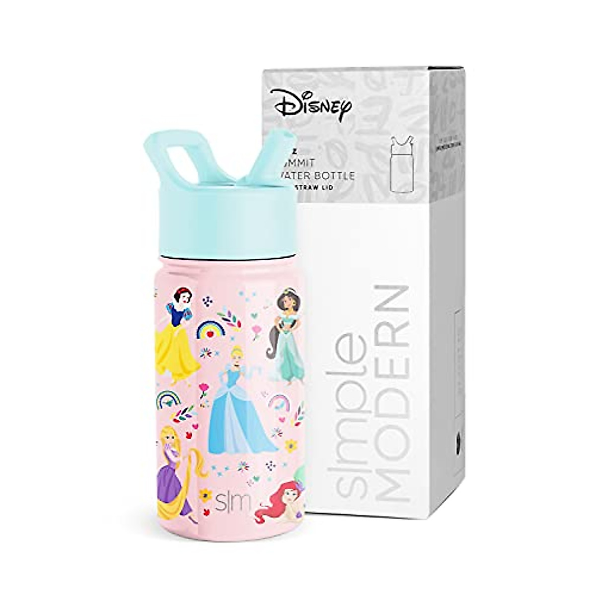 Simple Modern Disney Princesses Kids Water Bottle with Straw Lid | Reusable Insulated Stainless Steel Cup for School | Summit Collection | 14oz, Princess Rainbows