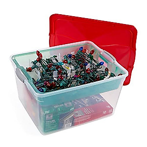 Rubbermaid Cleverstore Clear Holiday 71 Qt Bins with Tray Inserts, Built-In Handles to Maximize Storage, Great for Holiday Decor, Clear Base, Red Lid with Green Tray, Pack of 4