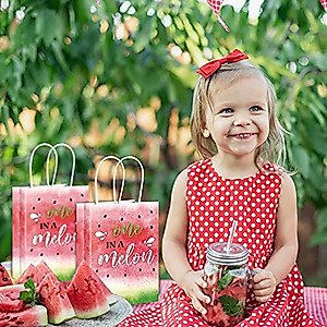 16 Pieces Watermelon Party Bags with Paper Twist Handles, Watercolor One in Melon Candy Goodie Bags Treat Bags Present Bag for Summer Watermelon Birthday Baby Shower, 6.3 x 3.1 x 8.7 Inches