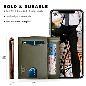 SERMAN BRANDS RFID Blocking Slim Bifold Genuine Leather Minimalist Front Pocket Wallets for Men with Money Clip Thin Gift (Salted Green 1.S)
