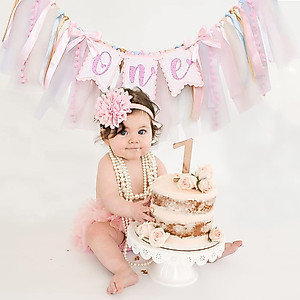 Pink Sweetheart One Birthday Banner - Pink Tutu Skirt High Chair Banner , 1st Birthday Party Gifts for Girls , Winter Onederland 1st Birthday Girl Decorations , Pastel Tassel Banner Ribbons