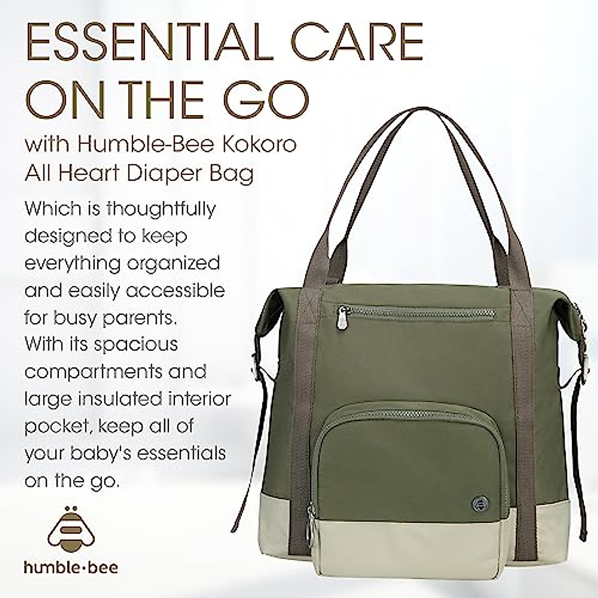Humble Bee Kokoro All Heart Convertible Diaper Bag for Men & Women: Converts from Backpack to Tote, Spacious Compartments, Multiple Pockets, Removable Accessories & Stroller Strap Design (Olive Dusk)