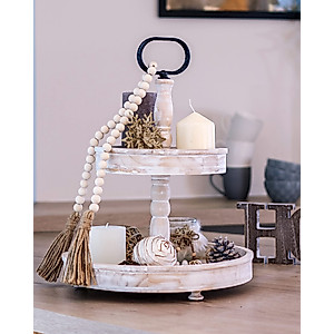 BonzaiKit Two Tier Wood Tray with Wooden Beads - Farmhouse Rustic 2 Tiered Serving Stand for Kitchen & Home Decor - Cupcake Stand with Metal Holder