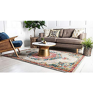 Unique Loom Penrose Collection Distressed Traditional Vintage Rug with Center Medallion, Rectangular 9' 0" x 12' 0", Ivory/Black