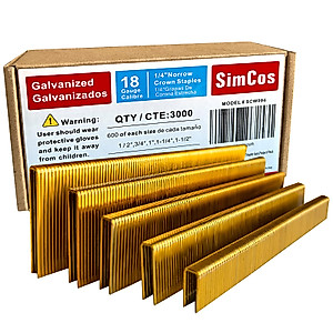 SimCos 18 Gauge 1/4" Narrow Crown Staples (1-1/2",1-1/4" 1", 3/4", 1/2"), Galvanized Assorted Sizes for 18 GA Pneumatic or Electric Stapler or Staple Gun,Project Pack (Assembly 3000)