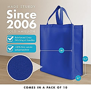 Simply Green Solutions - Reusable Grocery Bags, Durable Large Tote Bags, Shopping Bags for Groceries, Utility Tote, Reusable Gift Bags With Handles, 14 x 16.5 x 6, Pack of 10, Royal Blue