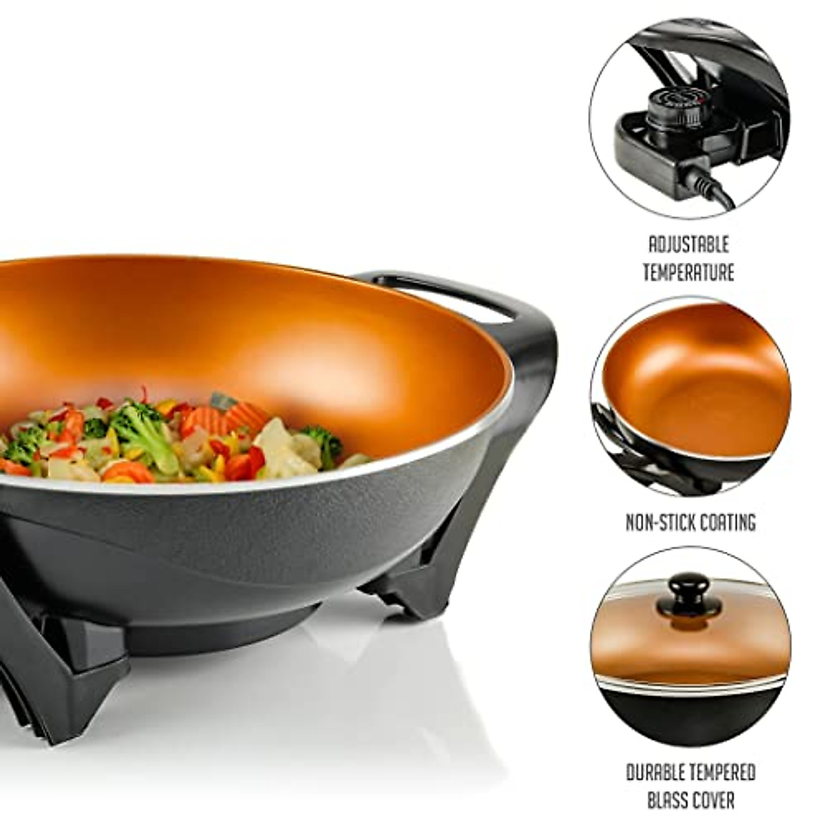 OVENTE Electric Wok with Nonstick Coating, 13 Inch Family-Sized Skillet, 1400W Power, Adjustable Temperature, Tempered Glass Lid, Cool Touch Handles and Easy to Clean Frying Surface, Copper SK3113CO