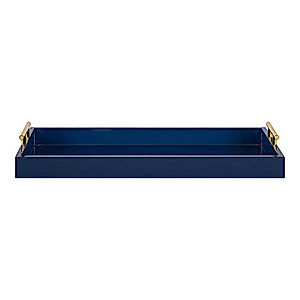 Kate and Laurel Lipton Narrow Decorative Tray with Polished Metal Handles, 10" x 24", Navy Blue and Gold, Chic Accent Tray for Display and Storage