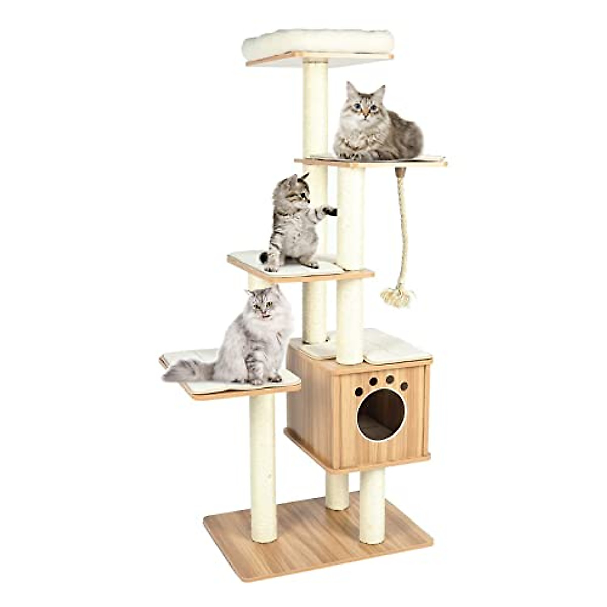 Arlopu Modern Wooden Cat Tree Tower, Cat Condo Furniture with Multi-Layer Platform, 67.3" Tall Large Cat Climbing Stand with Sisal Rope Scratching Post, Washable Plush Cushion for Kittens/Large Cats