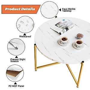 AWQM Faux Marble Coffee Table Set of 3, 1 Coffee Table & 2 Sofa Table, Round Tabletop and Metal Cross Base Frame,Perfect for Living Room Apartment, White & Gold