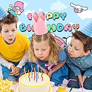 Hello Kitty, Kuromi, Cinnamoroll Birthday Party Supplies, Happy Birthday Backdrop for Kawaii Sanro Theme Party, 5 x 3 FT Keroppi Birthday Banner for Girls Boys Kids Birthday Party Decorations