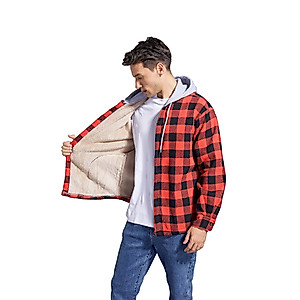 Derbars Men's Plaid Shirts Hoodie Casual Long Sleeve Flannel Shirt Jacket Winter Coat with Pocket Red Medium