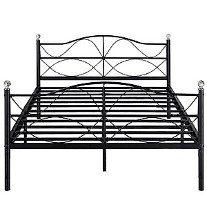 VECELO Full Size Bed Frame Metal Mattress Foundation,Platform Bed with Box Spring Replacement Headboard, Deluxe Crystal Ball Stylish,Matte Black